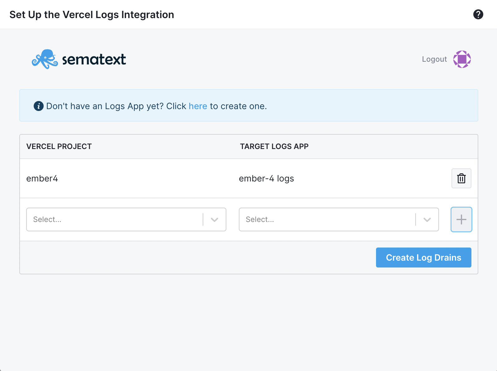 Your logs should start showing up a few seconds after finalizing the integration installation ...